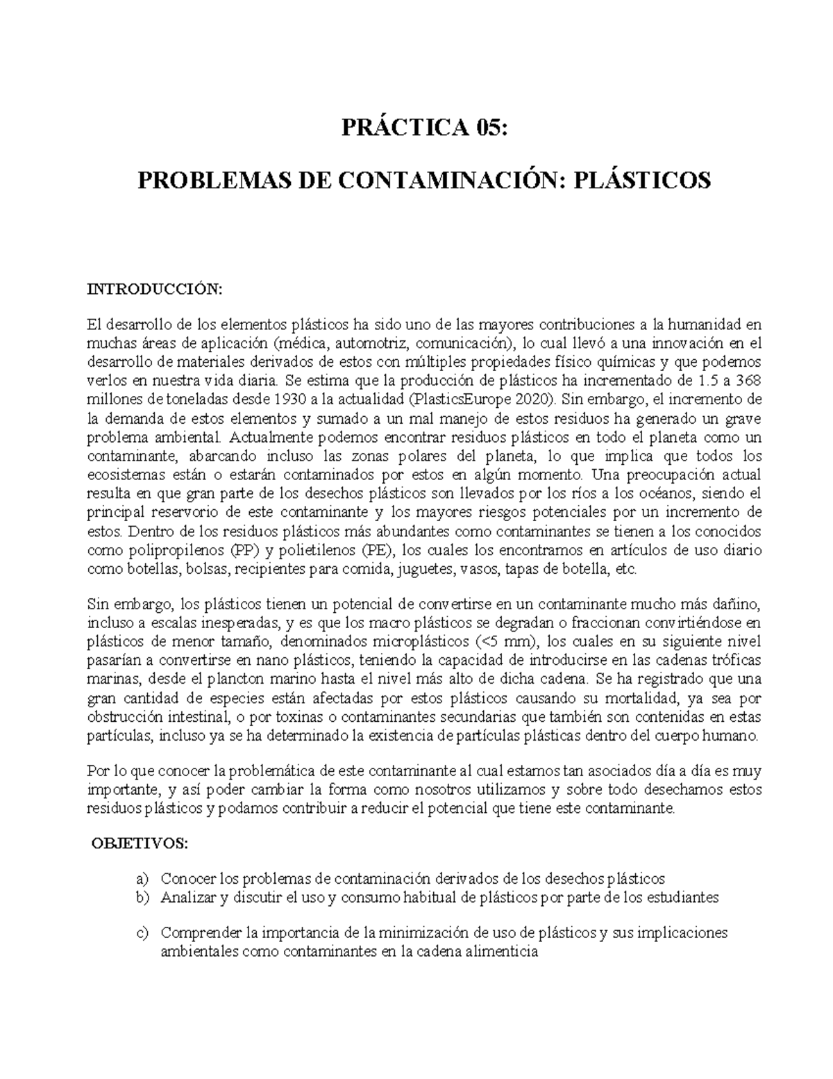 PRÁCTICA 05: PROBLEMAS DE CONTAMINACIÓN POR PLÁSTICOS - Studocu