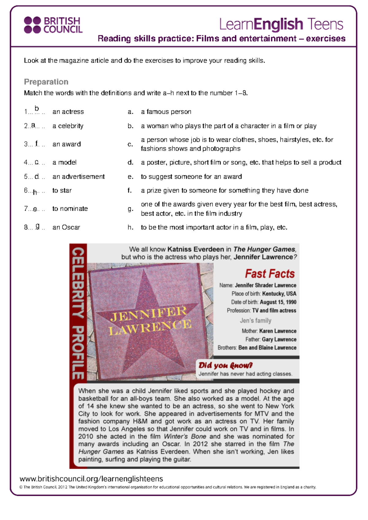 Reading Skills Practice: Films & Entertainment Exercises (ÁNH) - Studocu