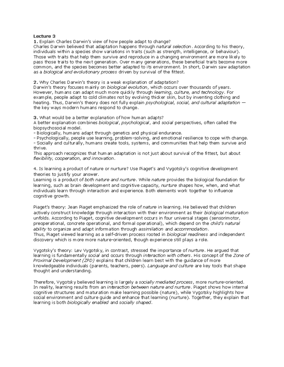 Revision Exercise - Lecture 3: Darwin's Adaptation Theory Explained ...