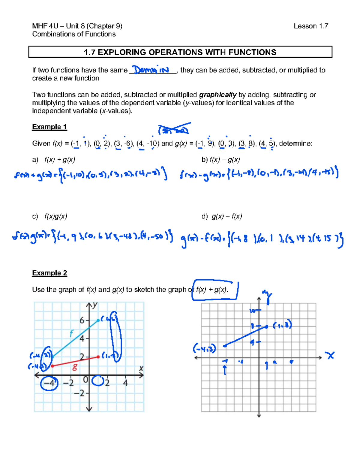 MHF 4U Unit 8 (Chapter 9) Combinations of Functions Lesson 1.7-9.5 ...