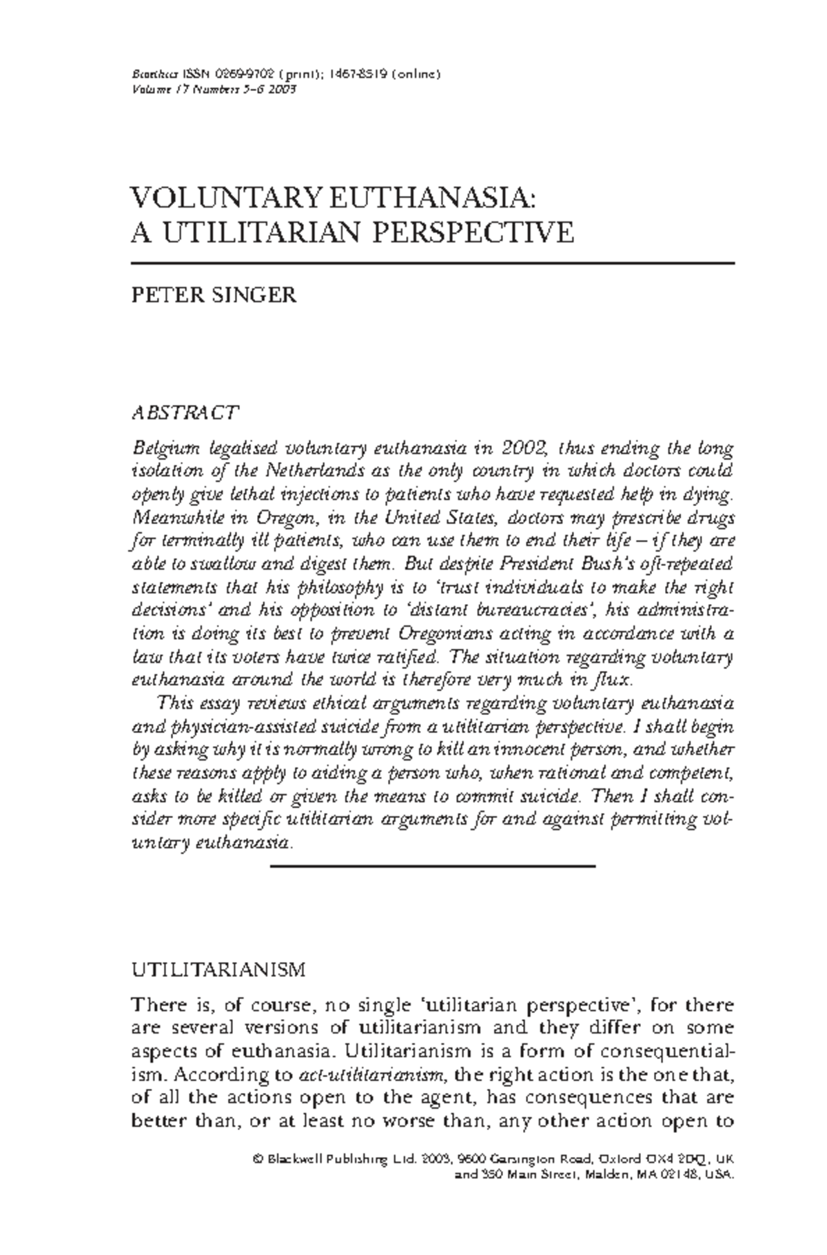 Peter Singer Voluntary Euthanasia- A Utilitarian Perspective ...