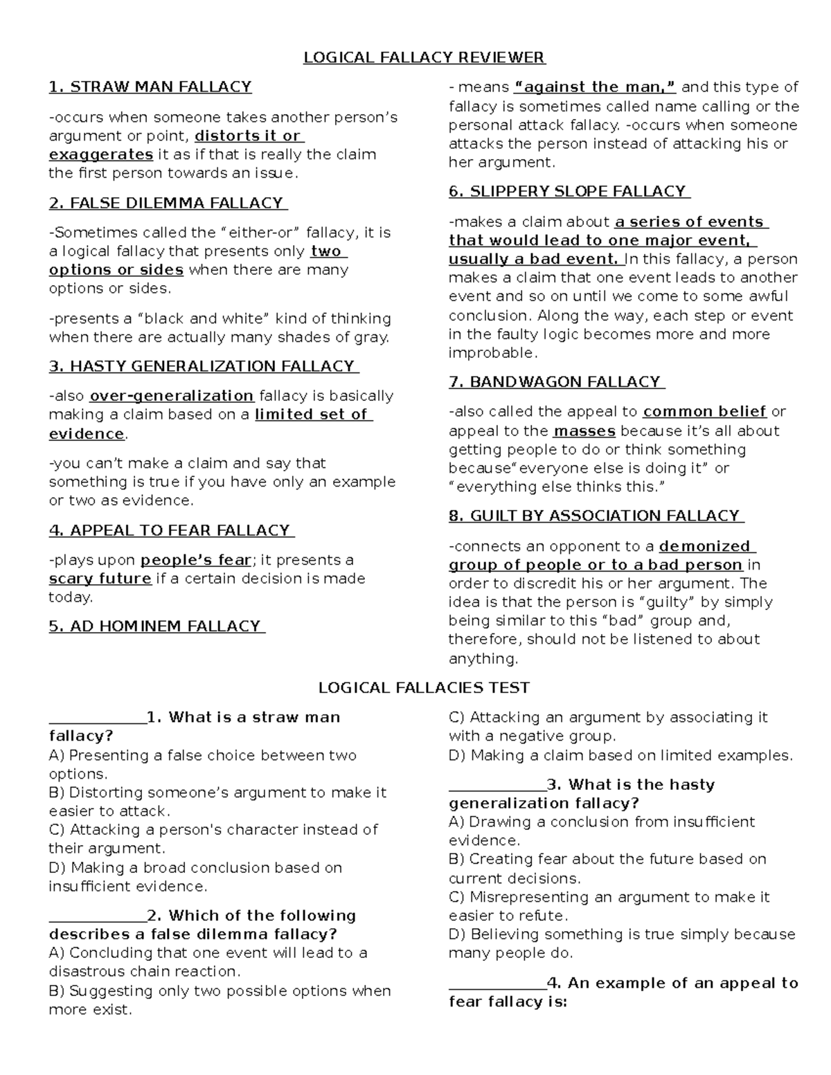 LOGICAL FALLACIES REVIEWER: ENGLISH 02 Q1 Exam Notes - Studocu