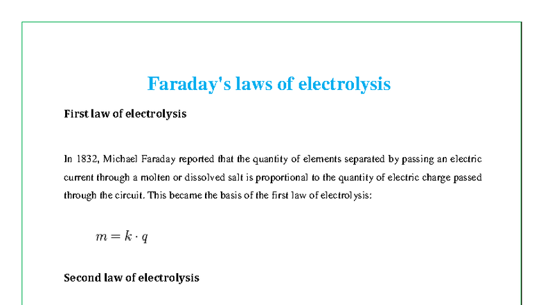 Faraday's Laws of Electrolysis: Principles and Applications - Studocu
