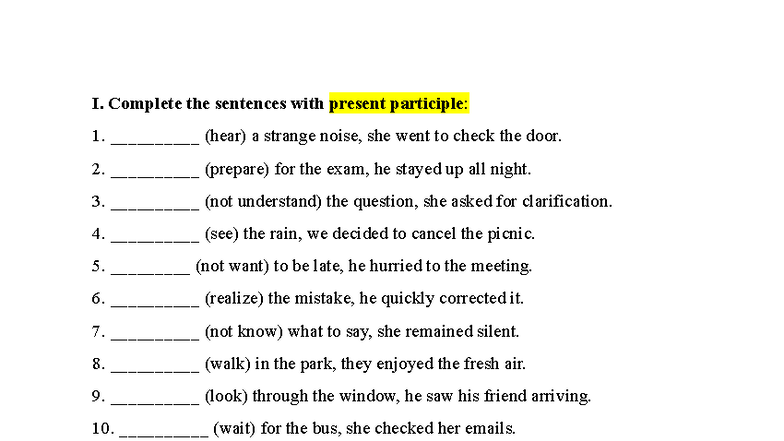 Present and Past Participles Exercises for English Grammar - Studocu