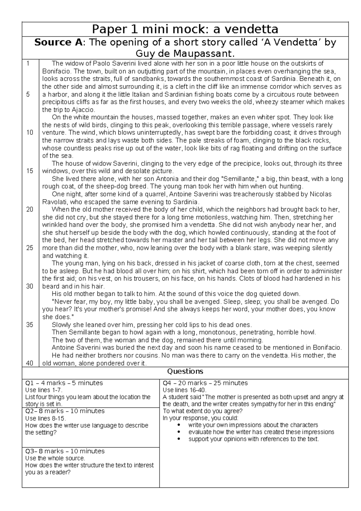 Paper 1 Mini Mock: Analyzing 'A Vendetta' and 'The Terrible Old Man ...
