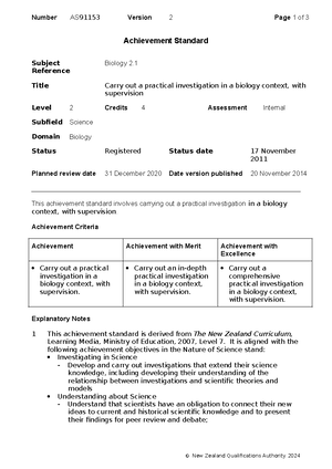 Level 2 Biology 91156 External Assessment Exemplar Material 2024 - Studocu