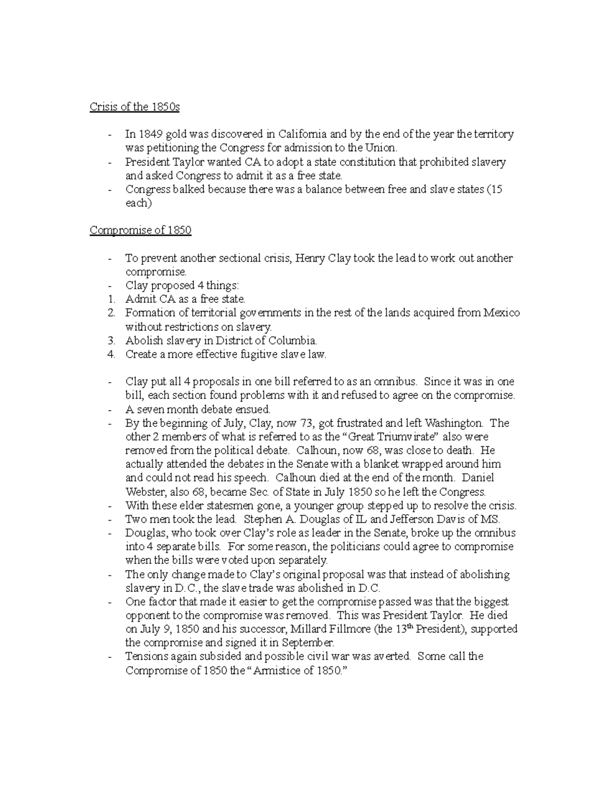 Crisis and Conflict in the 1850s: The Road to Civil War (HIST 101 ...