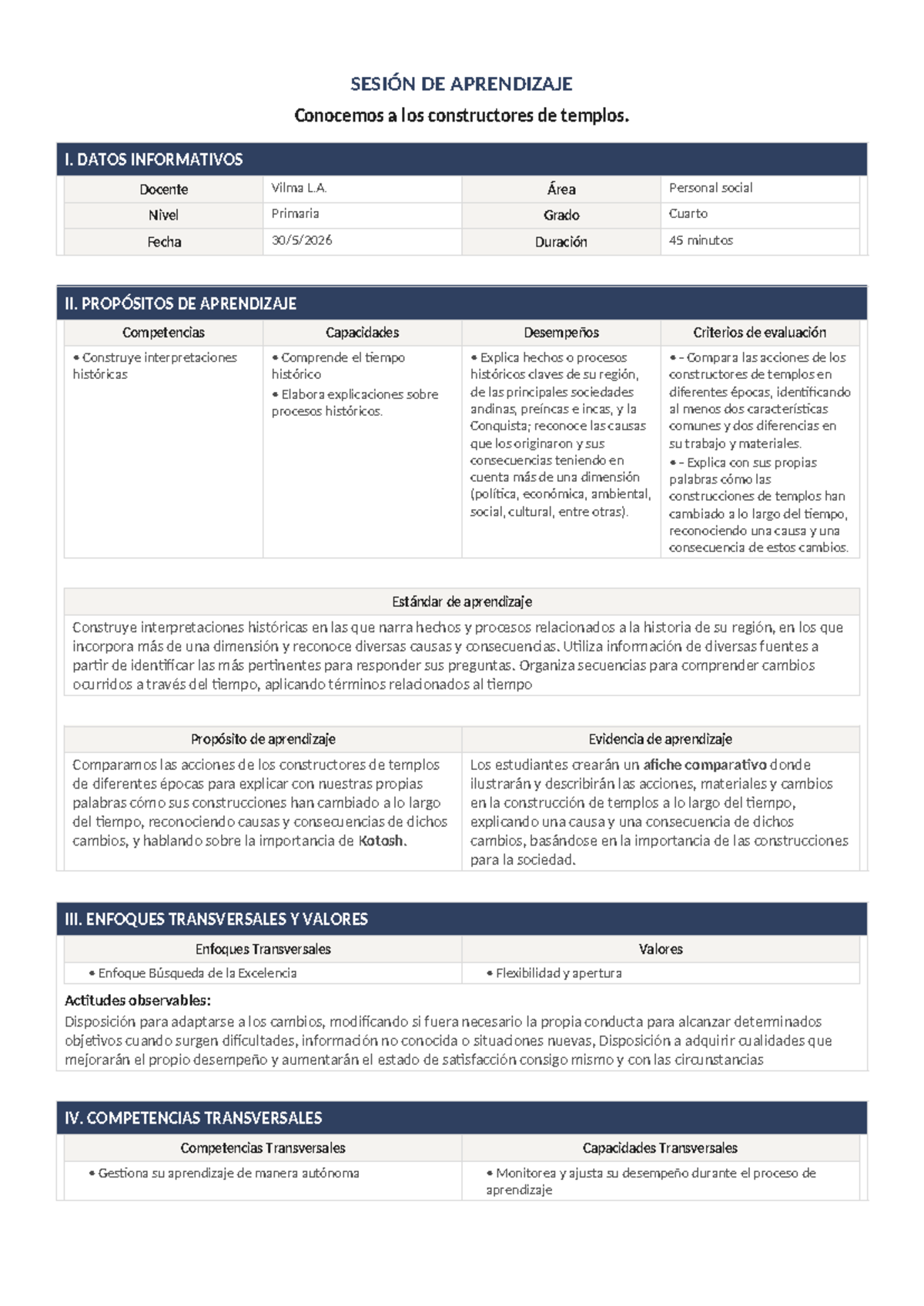 SESION DE APRENDIZAJE: Constructores de Templos y su Evolución - Studocu