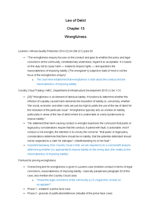 Delict Wrongfulness Van Eeden - 1 MS STAROSTA’S CLASS LAW OF DELICT ...