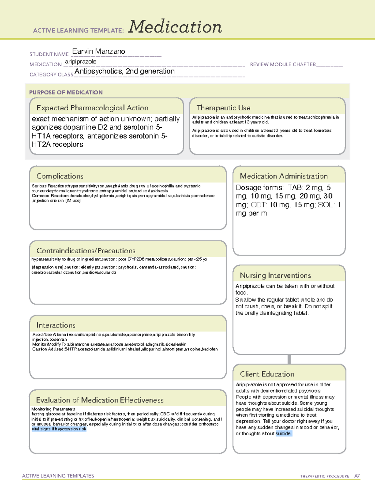 ATI Medication Template for Aripiprazole #112 - Active Learning Guide ...