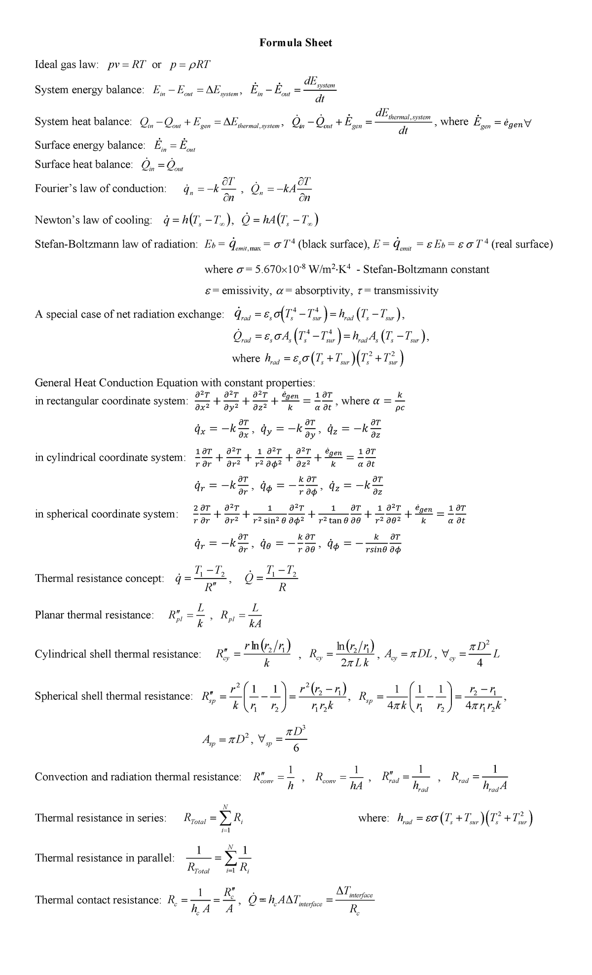 Formula Sheet - Summary Heat Transfer - Formula Sheet Ideal gas law: pv ...