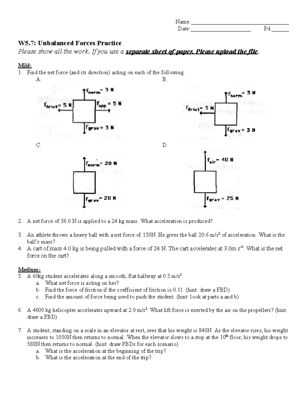 Physics IB Unbalanced Forces Practice Worksheet - Studocu