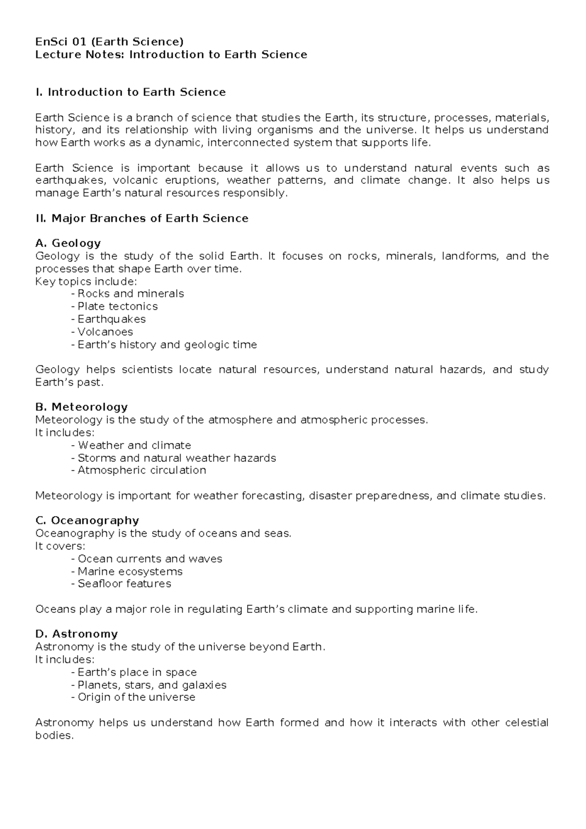EnSci 01 Lecture Notes: Intro to Earth Science I Overview - Studocu