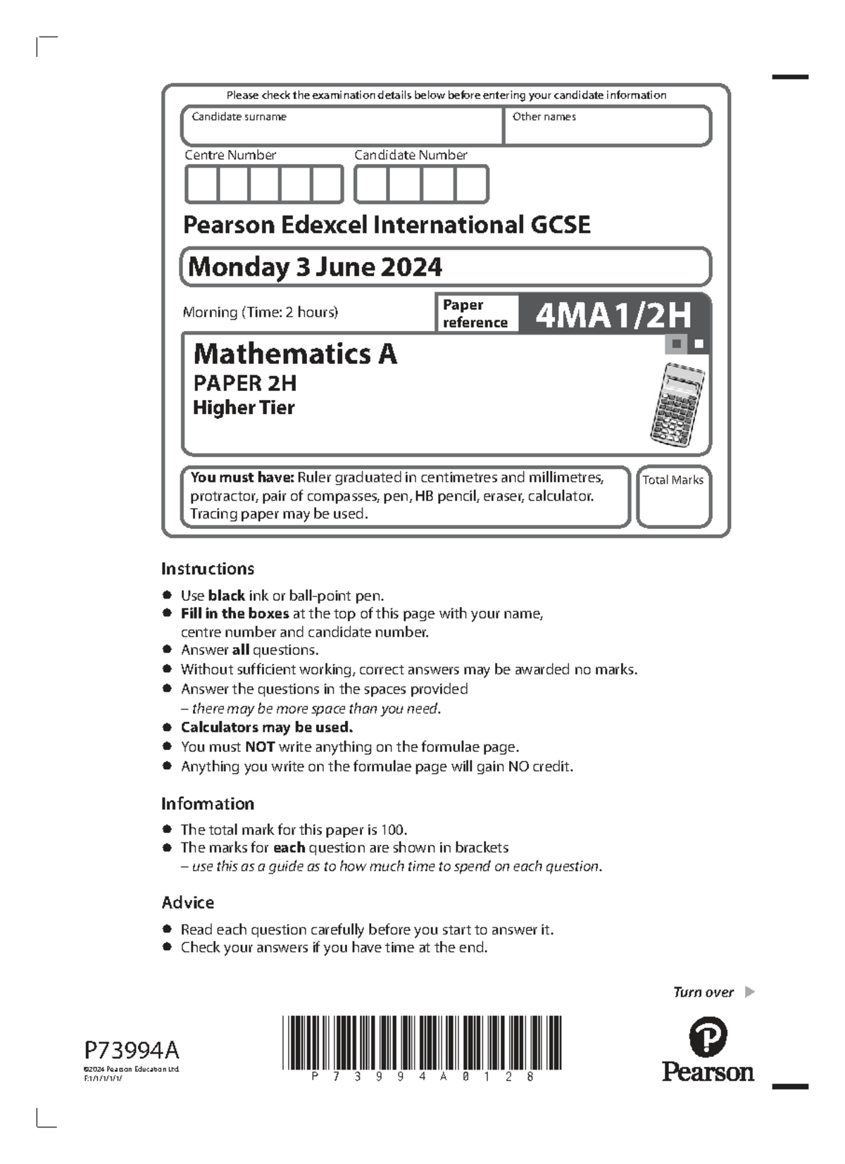 International GCSE Mathematics 4MA1/2H Exam Paper - June 2024 - Studocu