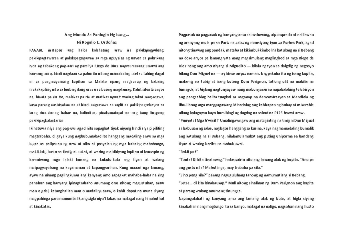 Ang Makulay na Mundo sa Mga Kwento ni Rogelio L. Ordoñez - Studocu