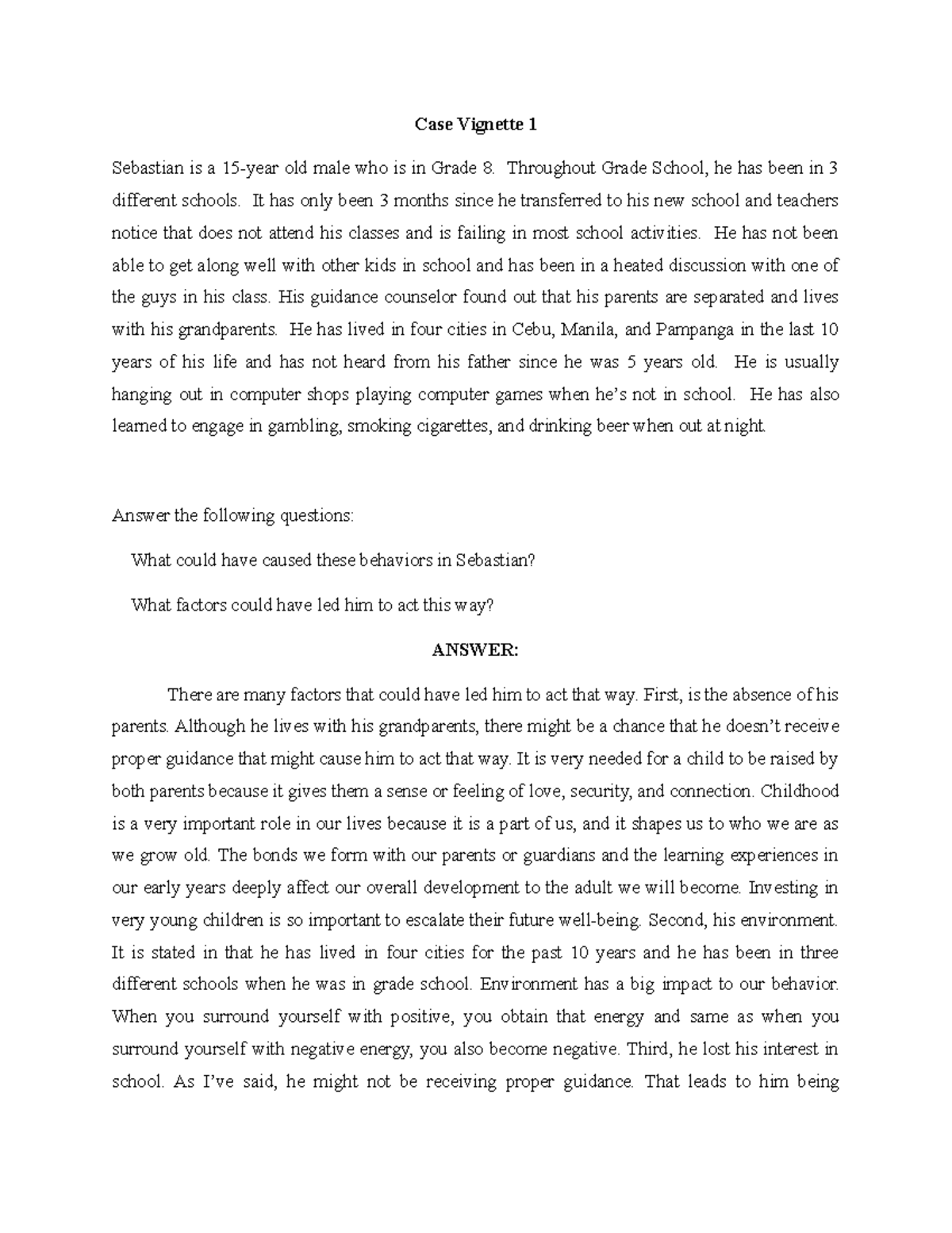 1 - Example of Case Vignette in Psychology - Case Vignette 1 Sebastian ...