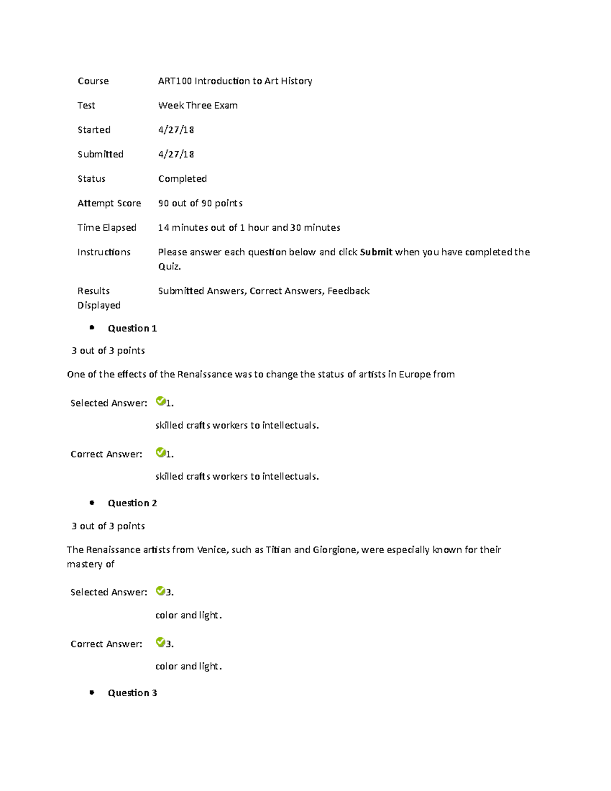 Week 3 Art 100 Quiz - Pass. - Course ART100 Introduction to Art History ...