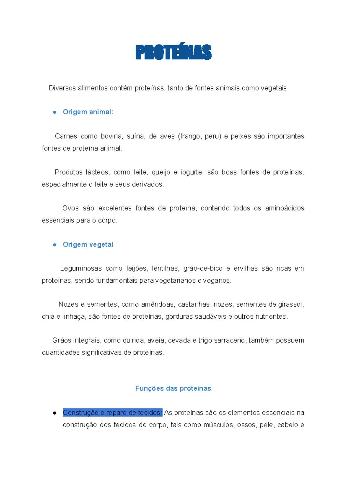 Resumo sobre Proteínas: Origem, Funções e Importância Nutricional - Studocu