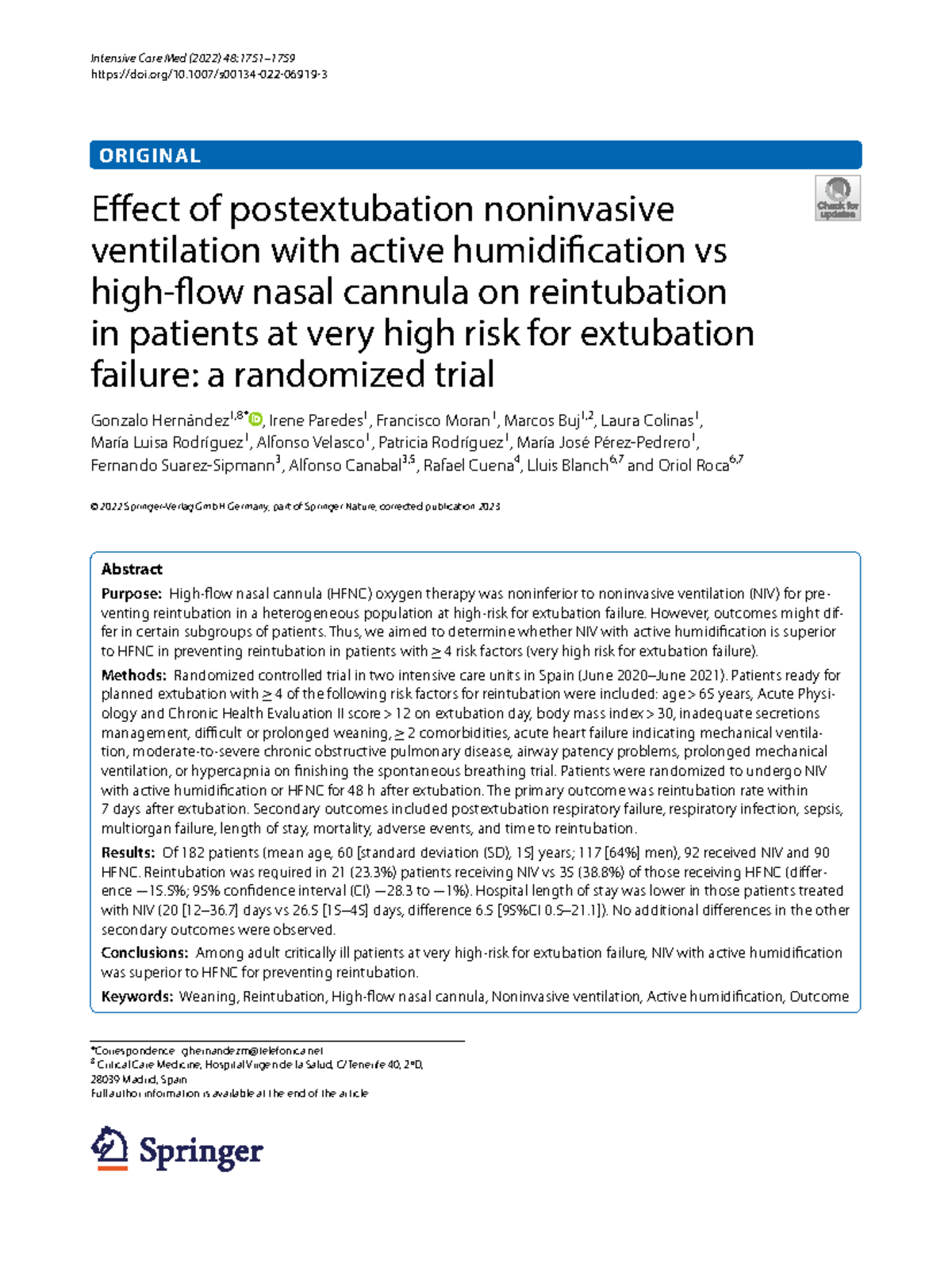 Effect of NIV with Active Humidification vs HFNC on Reintubation in ...