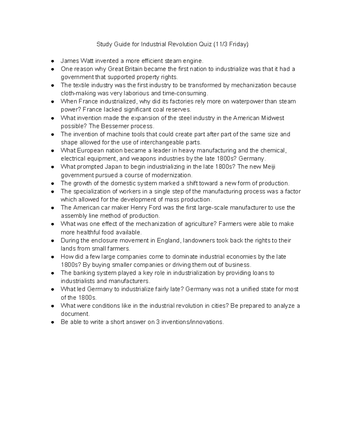Study Guide for Industrial Revolution Quiz (11/3 Friday) - Studocu