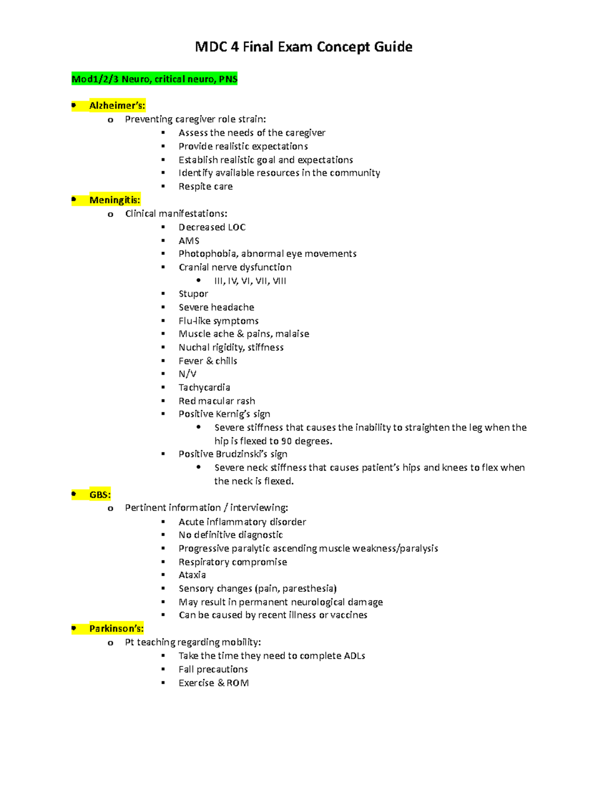 Concept Guide MDC 4: Final Exam Review on Neuro & Critical Care - Studocu