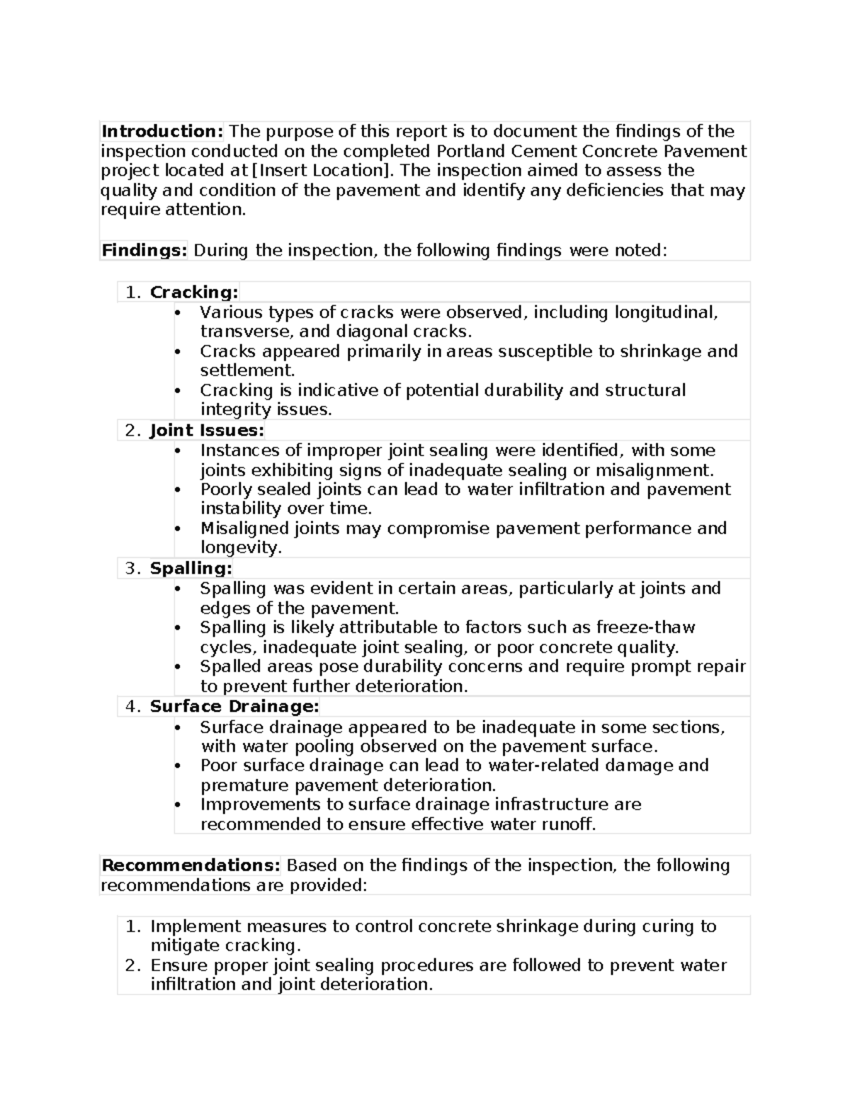 PIT PCCP - Inspection Report on Portland Cement Concrete Pavement - Studocu