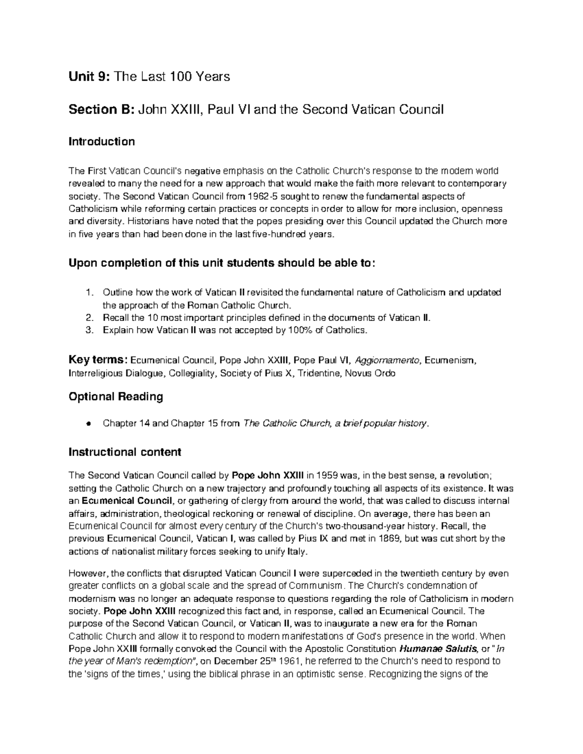 Unit 9: Evolution of Catholicism in the Context of Vatican II (1962 ...
