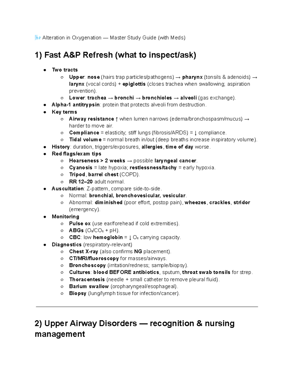 🌬 Alteration in Oxygenation: Master Study Guide (with Meds) - Studocu