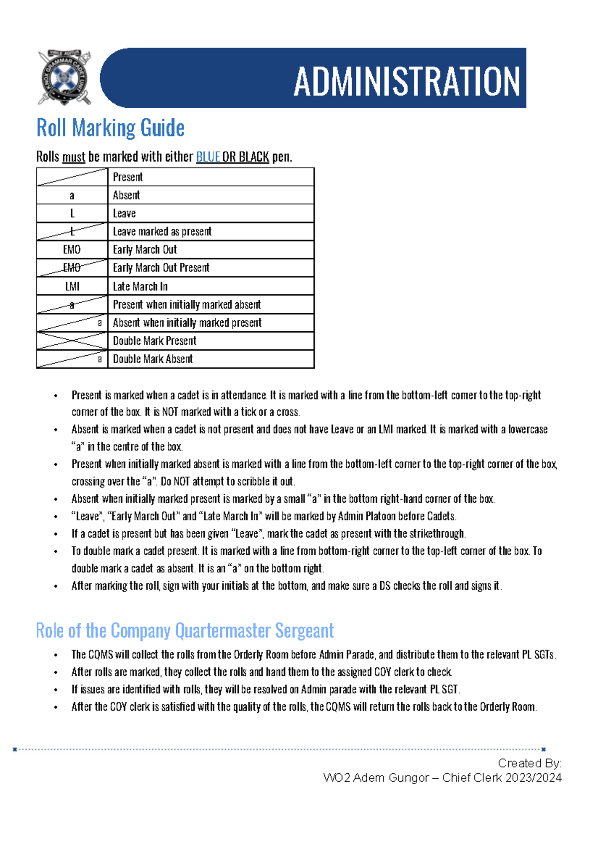 2023-24 Admin Roll Marking Guide: Procedures & Protocols - Studocu
