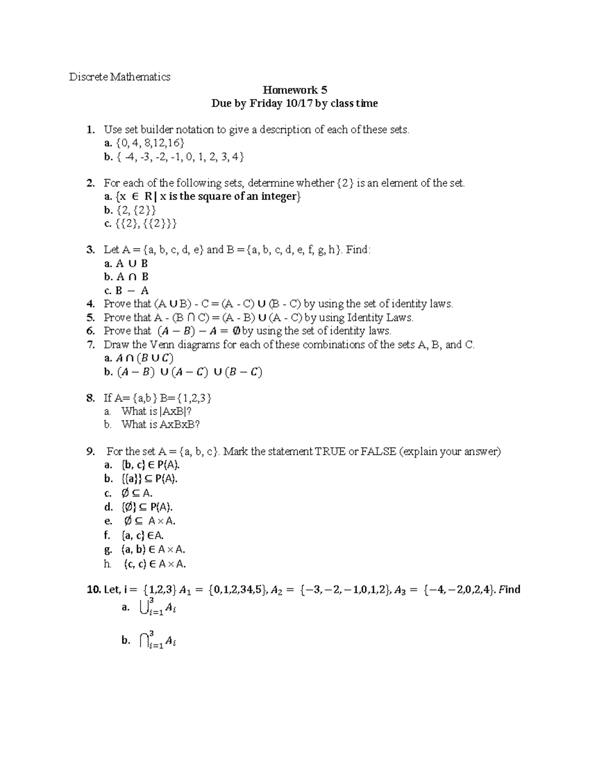 Discrete Mathematics (MATH 101) Homework 5 - Sets - Studocu