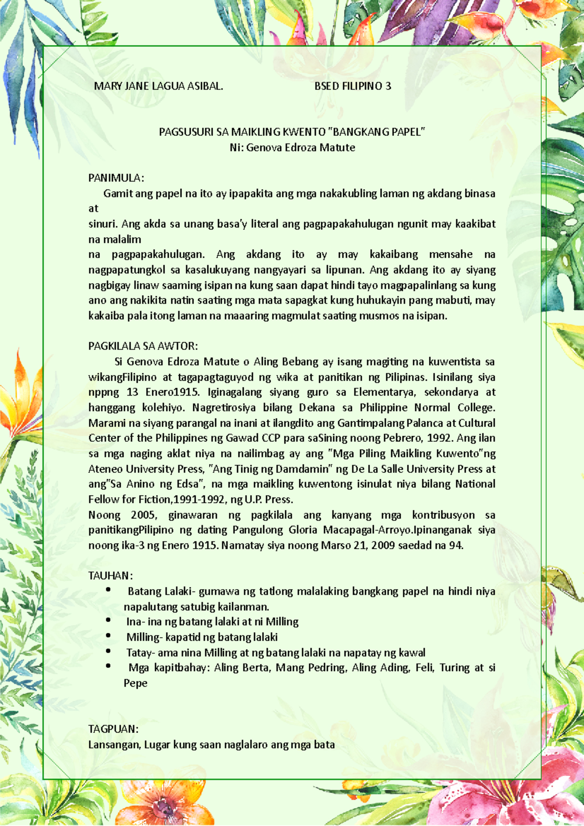 Pagsusuri ng Maikling Kwento: "Bangkang Papel" (BSED Filipino 3) - Studocu