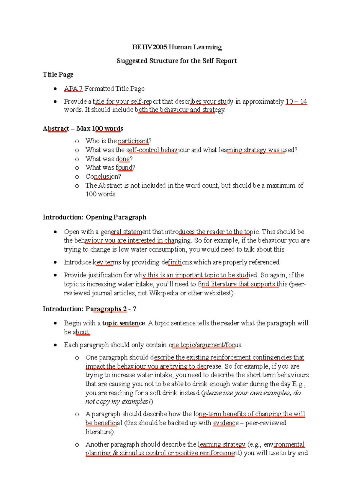 Suggested Structure Self Report 2024 - BEHV200 5 Human Learning ...