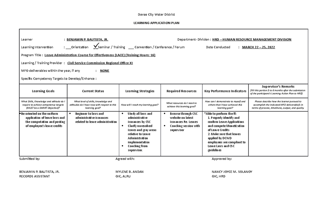 Learning Application Plan for Leave Administration Course (HRD) - Studocu