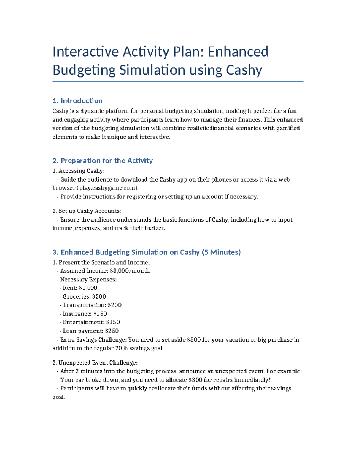 Budgeting Simulation Activity Plan - Interactive Activity Plan ...