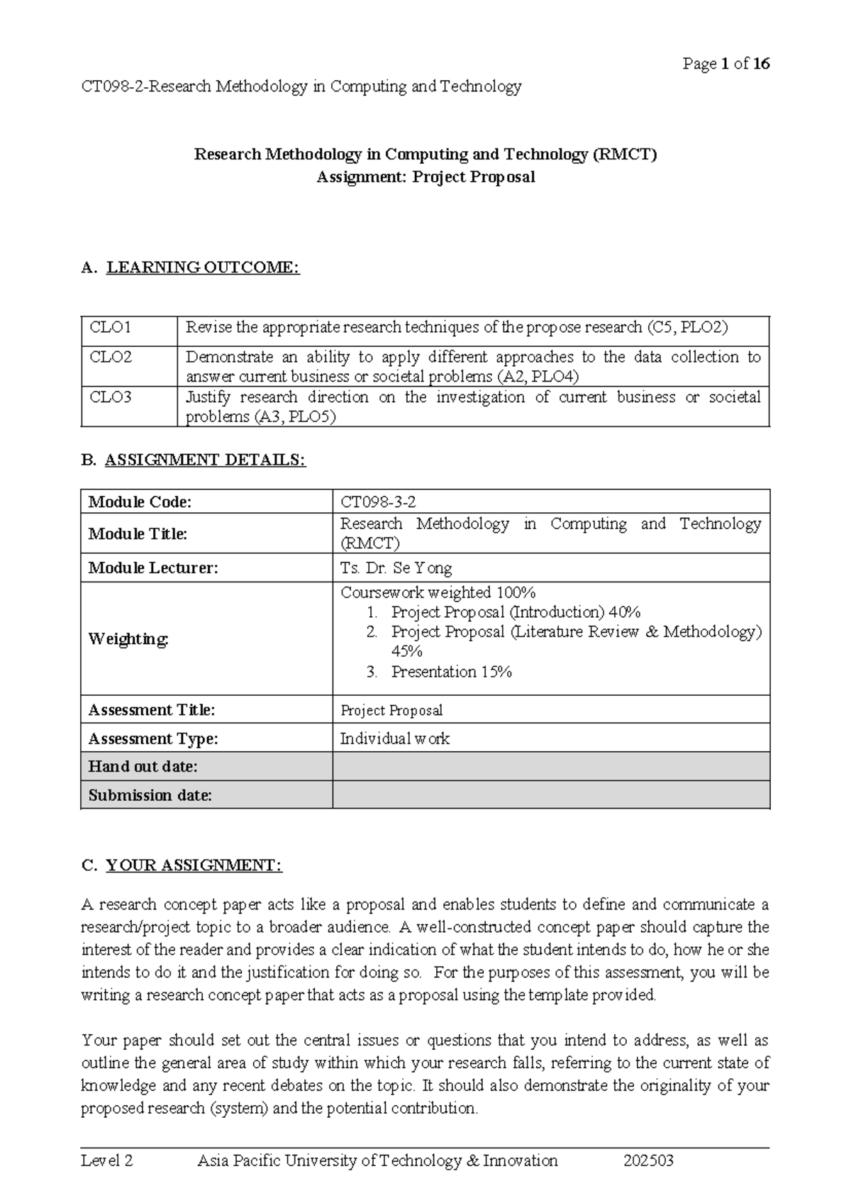RMCT Assignment: Project Proposal Methodology in Computing and Technology - Studocu