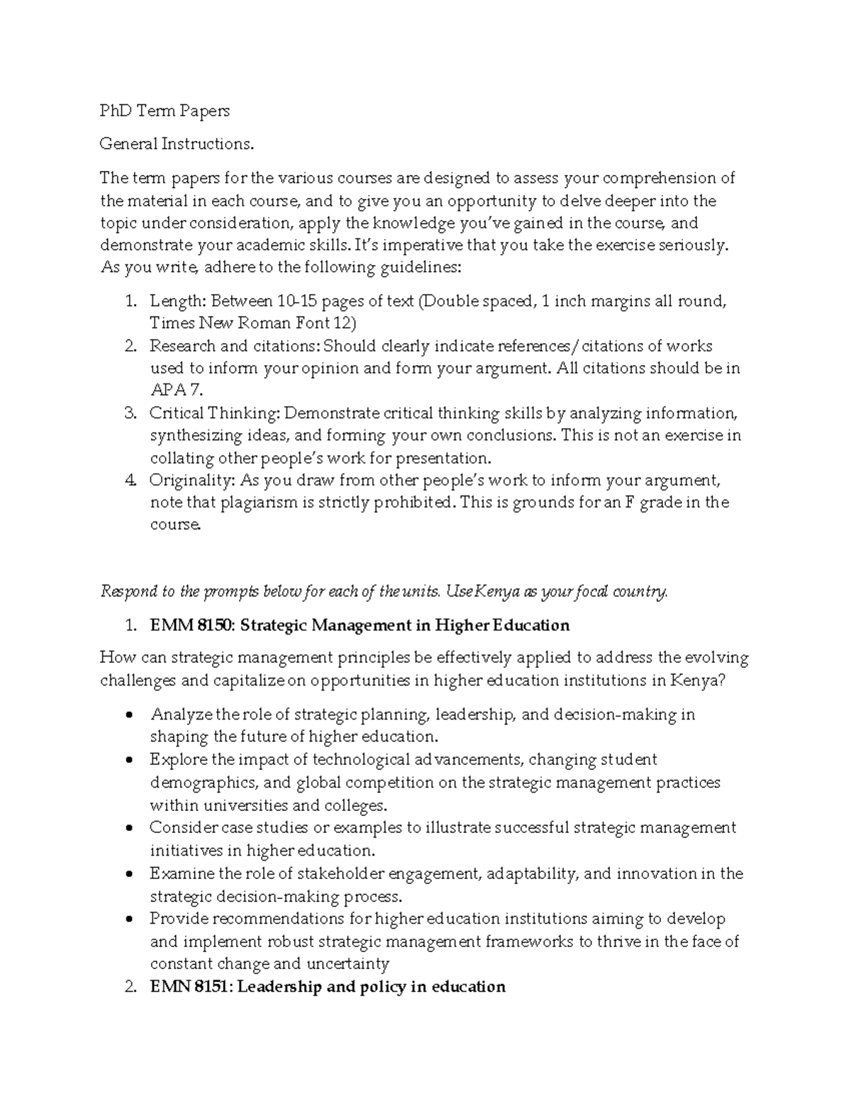 PhD Term Papers: Strategies in Higher Ed & Educational Leadership (EMM ...