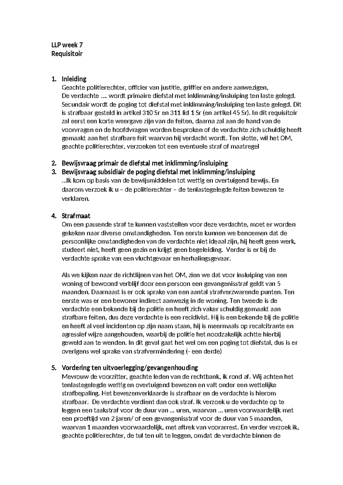 LLP Requisitoir Week 7: Diefstal en Poging tot Diefstal Analyse ...
