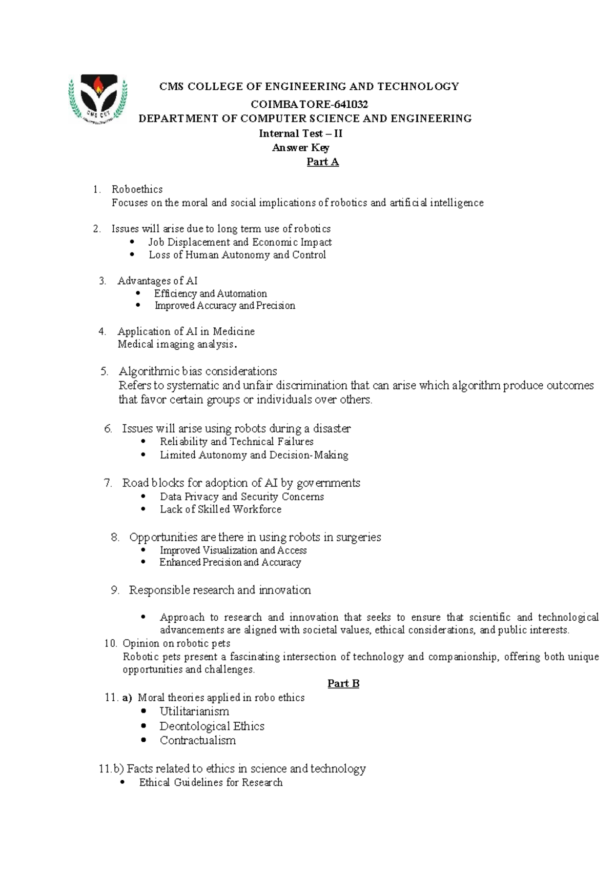Internal Test II Answer Key - CSE: Roboethics & AI Issues - Studocu