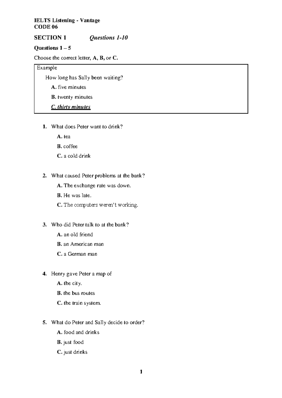 Sec 1 Code 06 - IELTS Listening Practice Questions 1-10 - Studocu