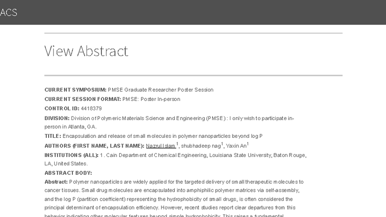 PMSE Graduate Researcher Poster: Encapsulation in Polymer Nanoparticles ...