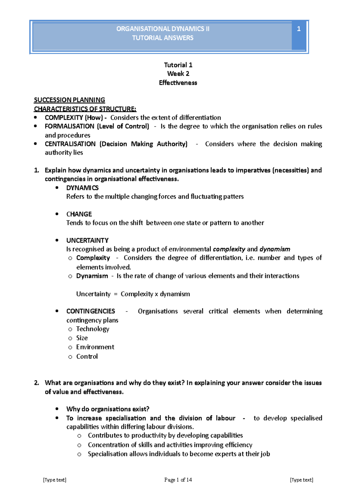 Organisational Dynamics Tutorial questions and Answers - TUTORIAL ...