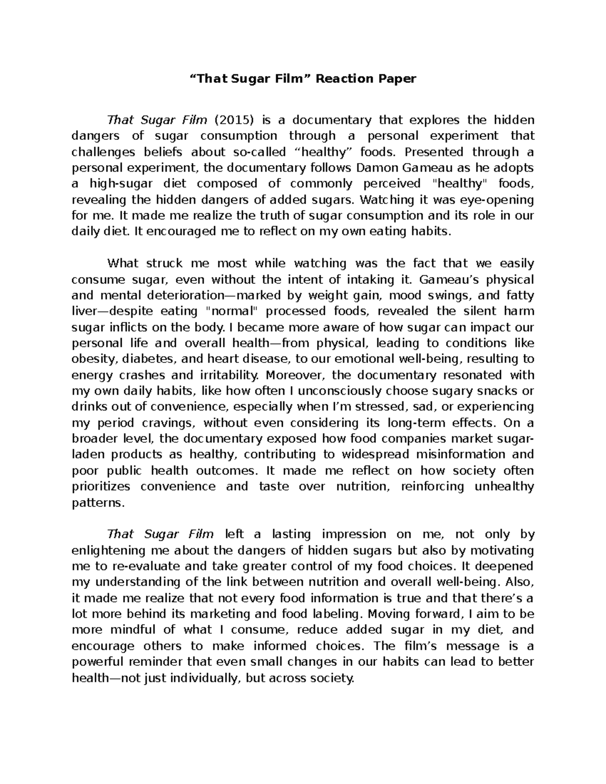 “That Sugar Film” Reaction Paper: Insights on Sugar's Hidden Dangers ...