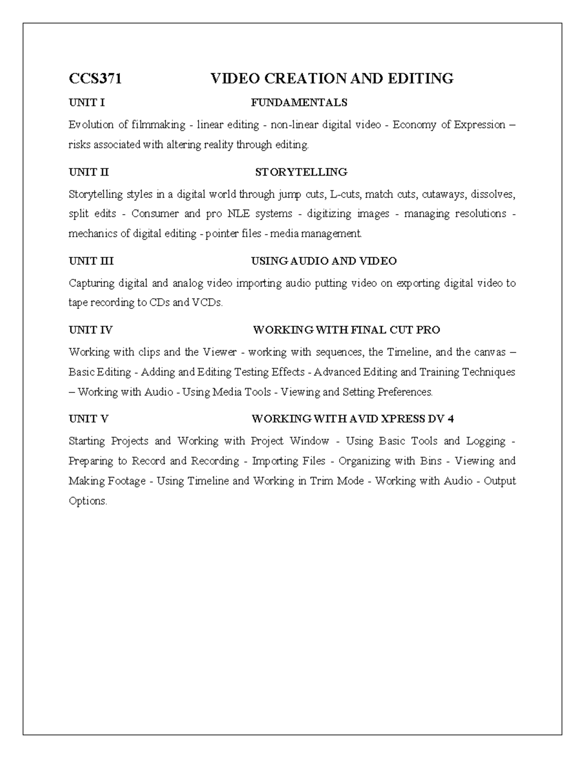 CCS371 Video Creation & Editing: Comprehensive Notes (Units I-V) - Studocu