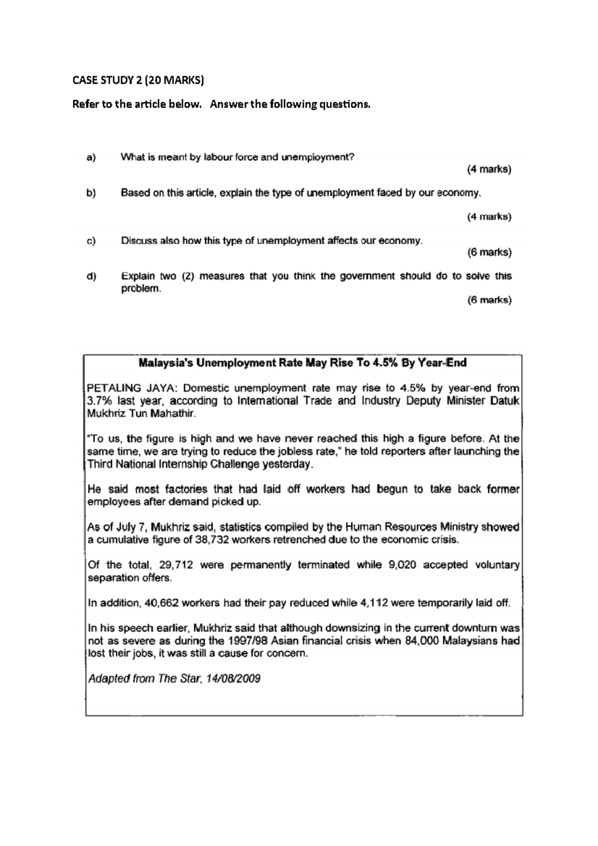 CASE Study 2 Unemployment - CASE STUDY 2 (20 MARKS) Refer to the ...