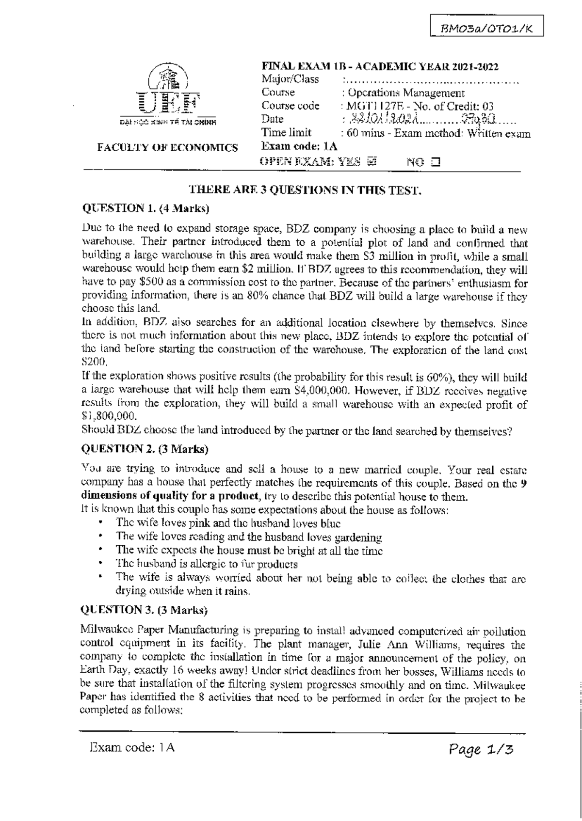 FINAL EXAM MGT1127E: Operations Management (1A) - Studocu