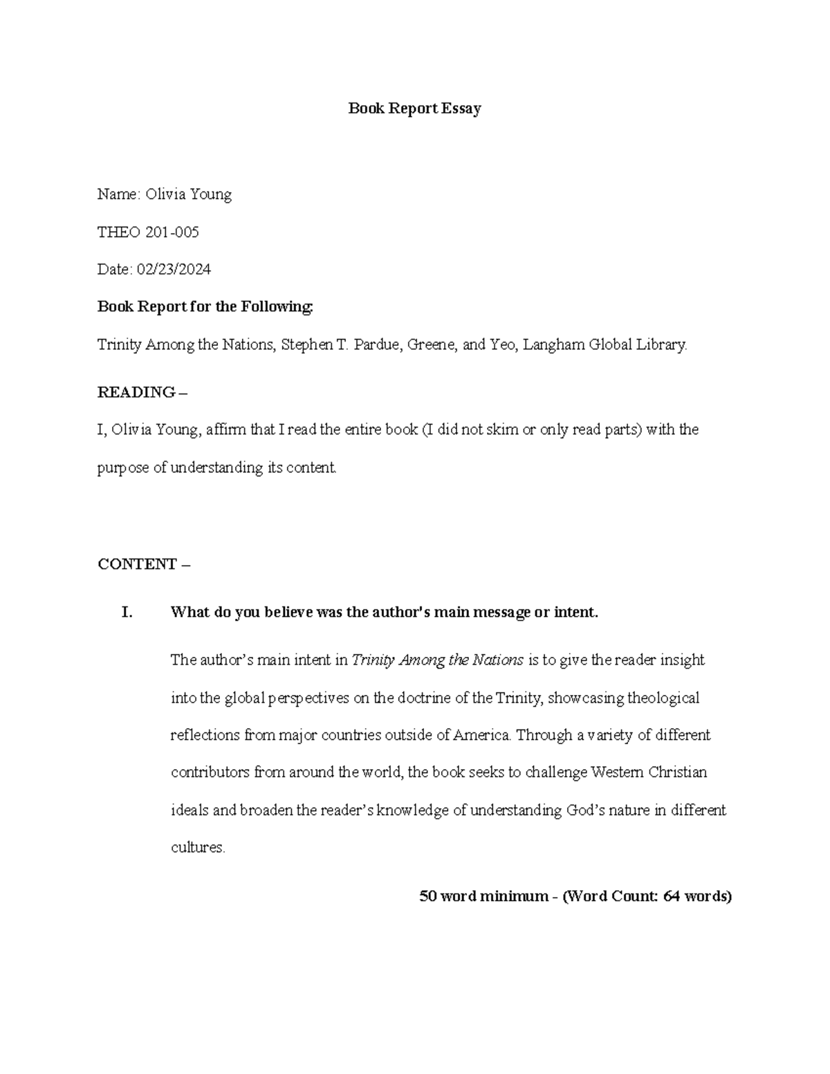 Theology Book Report - Book Report Essay Name: Olivia Young THEO 201 ...