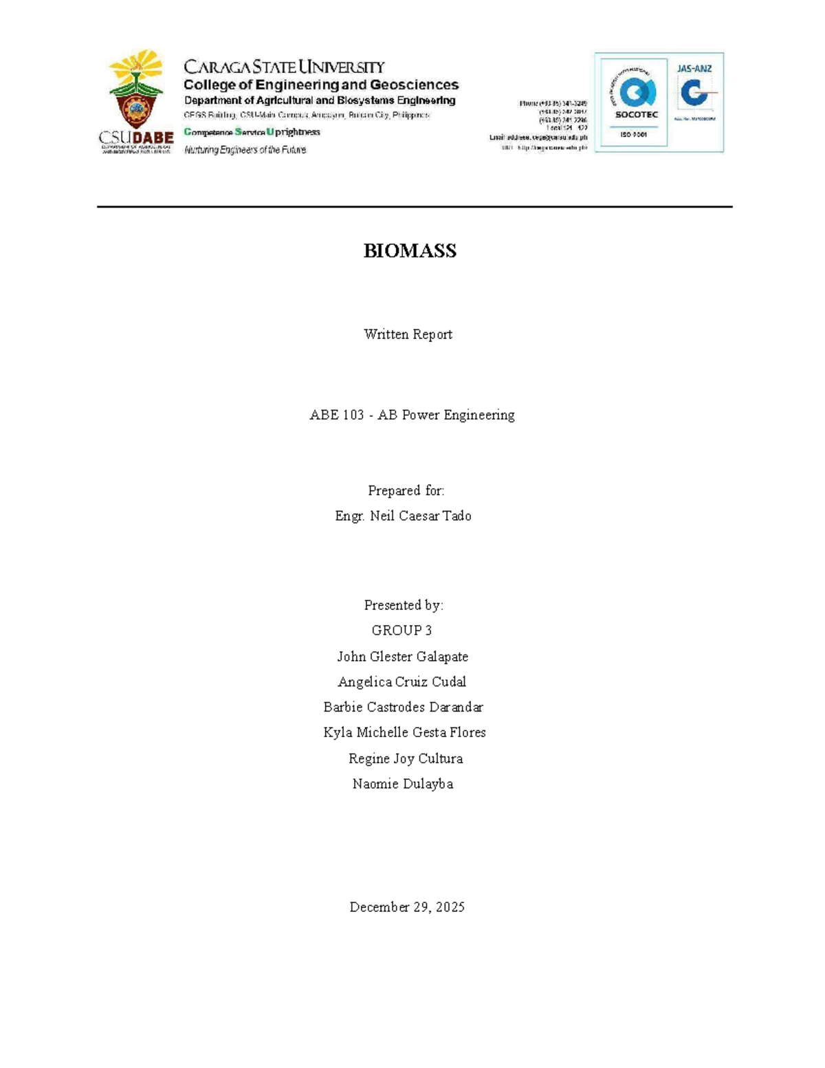 ABE 103 Biomass Laboratory Report by Group 3 - Studocu