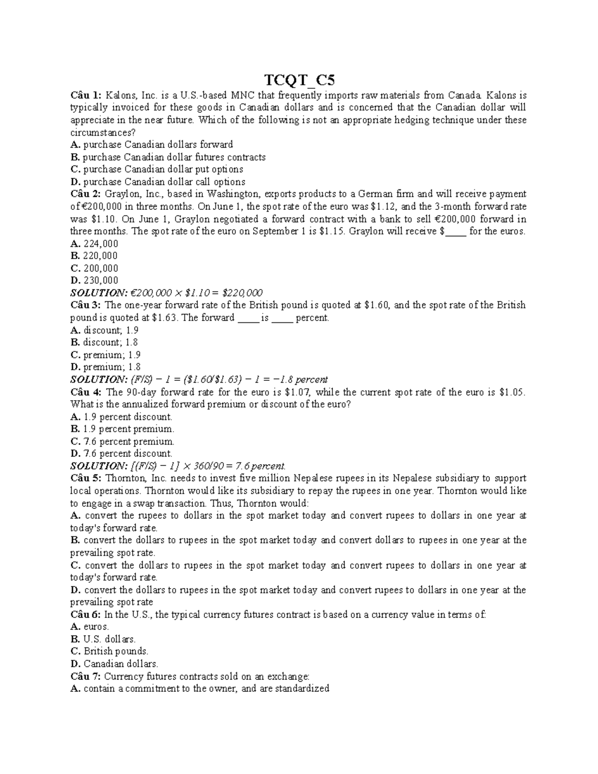 TCQT - Final Exam Preparation: Currency Options & Futures Analysis - Studocu