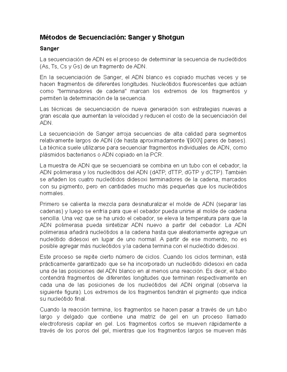 Métodos de Secuenciación: Sanger y Shotgun en Biología Molecular - Studocu