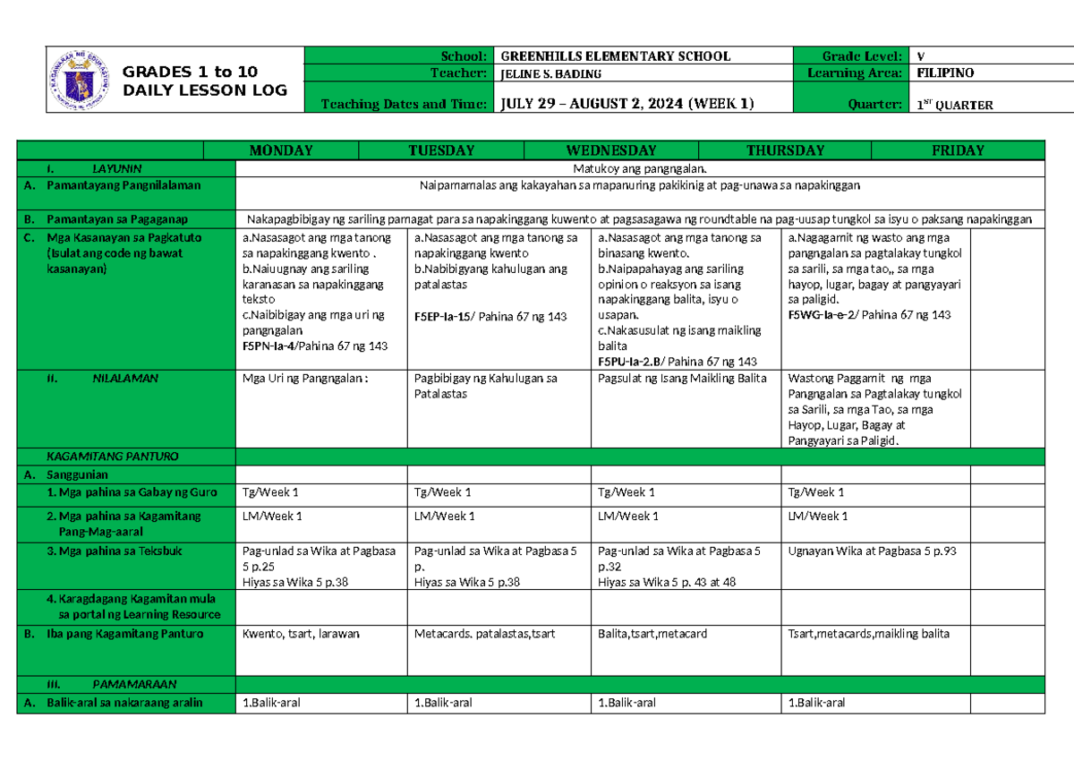 DLL Filipino 5 Q1 W1 - to research - GRADES 1 to 10 DAILY LESSON LOG ...
